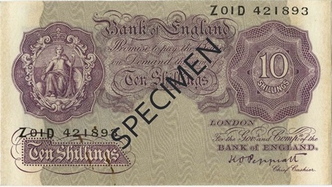 British 10 shillings Banknote (Emergency wartime issue) Issued 1940 ...