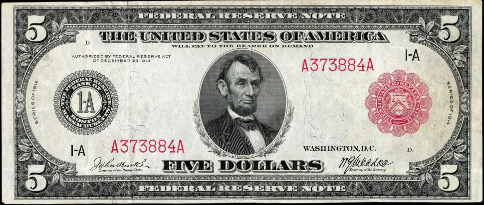 US 5 Dollar Banknote (Red Seal) First Issued 1914 - We Buy All Currency